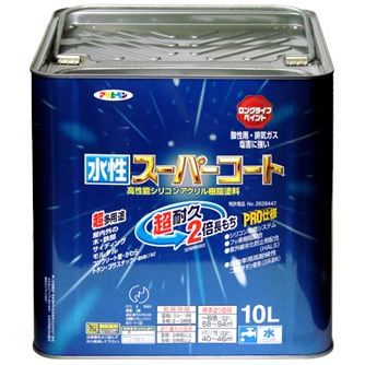 ●一般名:フッ素樹脂配合　水性シリコンアクリルペイント（JIS　K5663　1種）●規格:10L●標準塗り面積:一般色（1回塗）71〜94m2、メタリック色（2回塗）38〜46m2●色:ツヤ消し白フッ素、シリコン架橋システム及び紫外線劣化防...