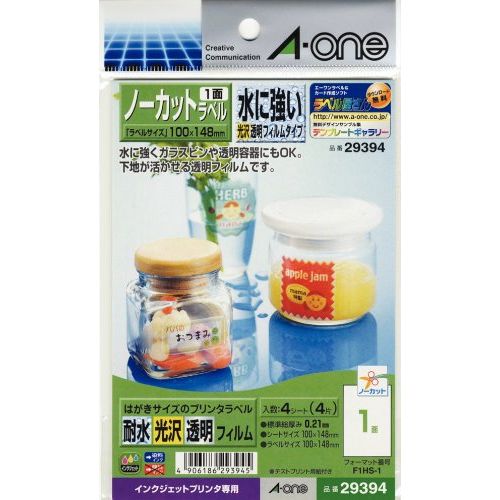 ●ノーカット/材質:ポリエステルフィルム/標準総厚み:0,23mm/ラベル厚み:0.16mm●水に強い光沢透明フィルムタイプ/シートサイズ:はがきサイズ(100mm×148mm)/ラベルサイズ:100mm×148mm(1列×1段)●対応プリ...