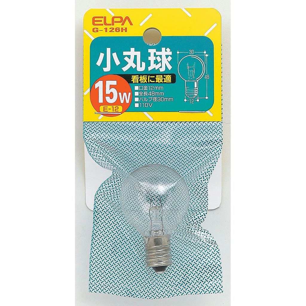 ●看板、装飾照明に適した電球です。■定格：　・電圧　110V　・消費電力 15W　・寿命：約1,500時間■本体サイズ：　・全長：48mm　・バルブ径：30mm　・口金：E12■入数：1個■カラー：クリア