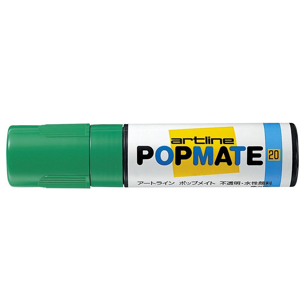 　POP描きに適した水性顔料系のマーカー。直径20mmの角型タイプ。色鮮やかで裏写りもほとんどありません。乾いた後は重ね描きも可能です。インキ色はグリーン。3.2×14.1cm