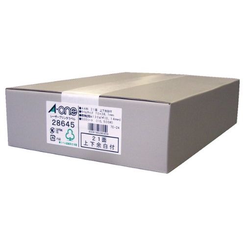 ●マット紙・ホワイト/材質:上質紙+レーザー専用塗工/標準総厚み:120g/平方m(0.13mm)/ラベル厚み:0.07mm●A4判 21面 上下余白付/シートサイズ:A4判 (210mm×297mm)/ラベルサイズ:70mm×38.1mm...