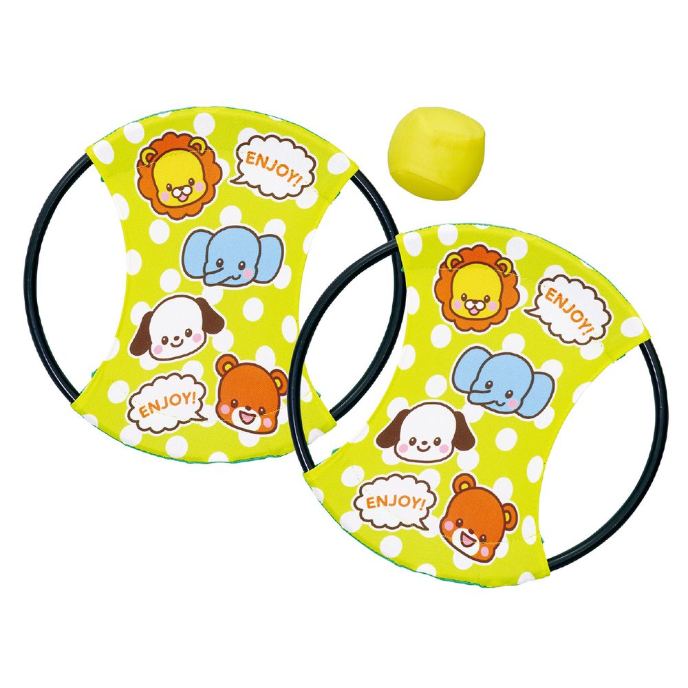 やわらかいボールとまんまるラケットでレッツポンポンバウンド！ポンポンラケット2つとボールのセット。2人で遊べる！ どうぶつたちが大集合のポンポンバウンド！【詳細】商品サイズ：ラケット：280×260×10mm、ボール:φ55mm材質：PP,...