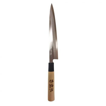 ハガネ製の刺身包丁です。右手用　※切れ味の良いハガネ製につき錆の発生にはご注意ください。ご使用後は速やかに洗浄し水分を残さず拭き取ってください。サイズ：約幅29×奥行20×高さ367mm(刃渡り240mm)個装サイズ：40.9×4.1×2....