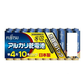 富士通アルカリ乾電池単4形です。10本パックです。サイズ：個装サイズ：1.5×14×5cm重量：個装重量：230g仕様：使用推奨期限:5年漏液防止構造生産国：日本