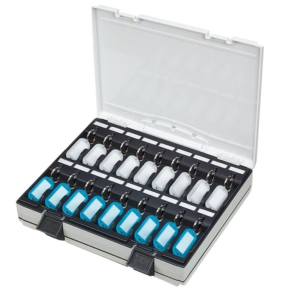 ●スタンダードタイプに比べ2倍収容できるダブルタイプには36個のキーホルダー型名札がついています。●キャビネットや引き出しにすっきり納まるサイズなので、オフィスでの仕様に最適です。必要に応じて出し入れできる取っ手がついているので持ち運びも簡...