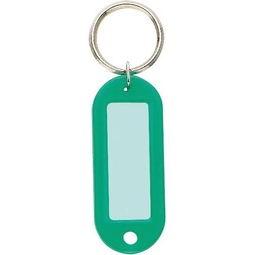●鍵の分類に最適なキーホルダータイプの名札です。表裏双方に文字が記入できる両面表示タイプです。【仕様】種類：両面表示用(大)カード寸法：42・17外寸法(mm)：62・25・t4材質：PP本体色：緑リング内径：20mm●リング内径/20mm...