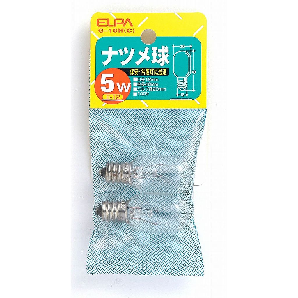 ●保安用・常夜灯・表示灯に適しています。●小形・低ワットで長寿命設計の電球。■定格電圧：100V■定格消費電力：5W■定格寿命：約3,000時間■本体サイズ：全長48×バルブ径20(mm)■口金：E12■入数：2個■カラー：クリア