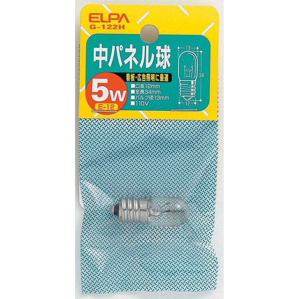 ●看板用、広告関連ディスプレイなどに適した電球です。■定格：　・電圧　110V　・消費電力 5W　・寿命：約2,000時間■本体サイズ：　・全長：34mm　・バルブ径：13mm　・口金：E12■入数：1個■カラー：クリア
