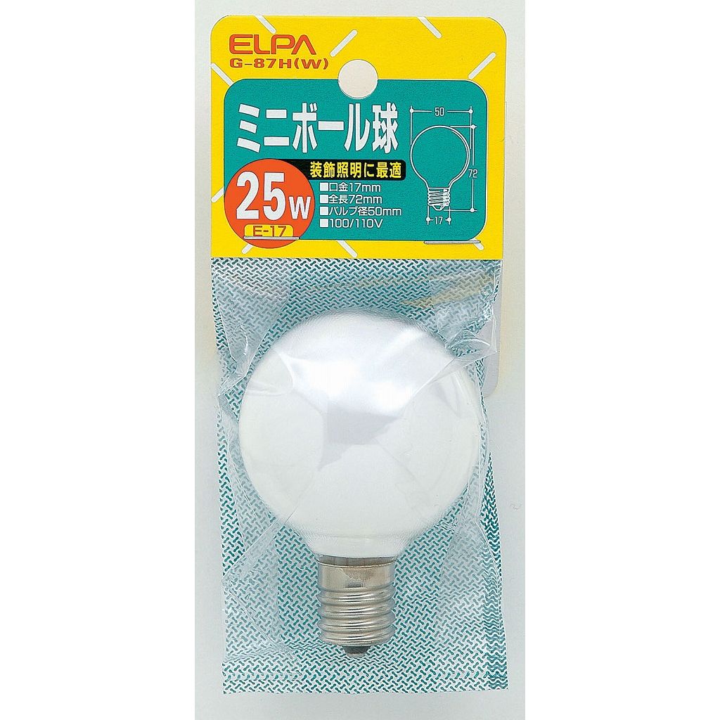 ●ミニボール球G50●室内装飾照明、店舗ディスプレイなどに適しています。●住宅・店舗・ホテルなどのムード照明、装飾照明などに幅広く使用できます。■定格：　・電圧　100/110V　・消費電力 25W　・寿命：約1,500時間■本体サイズ：　...