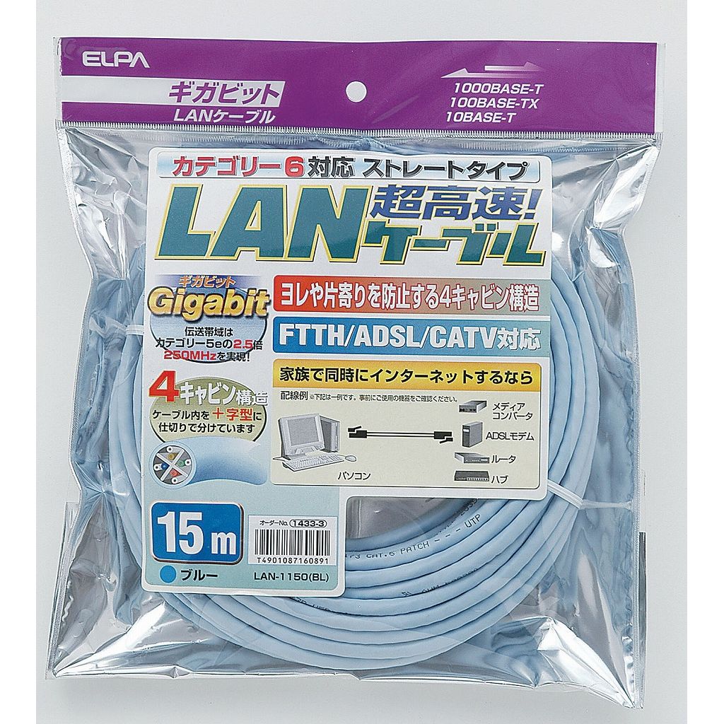 ●FTTH・ADSL・CATV対応●カテゴリ6準拠■8極8芯用■カラー：ブルー■ケーブル長：15m