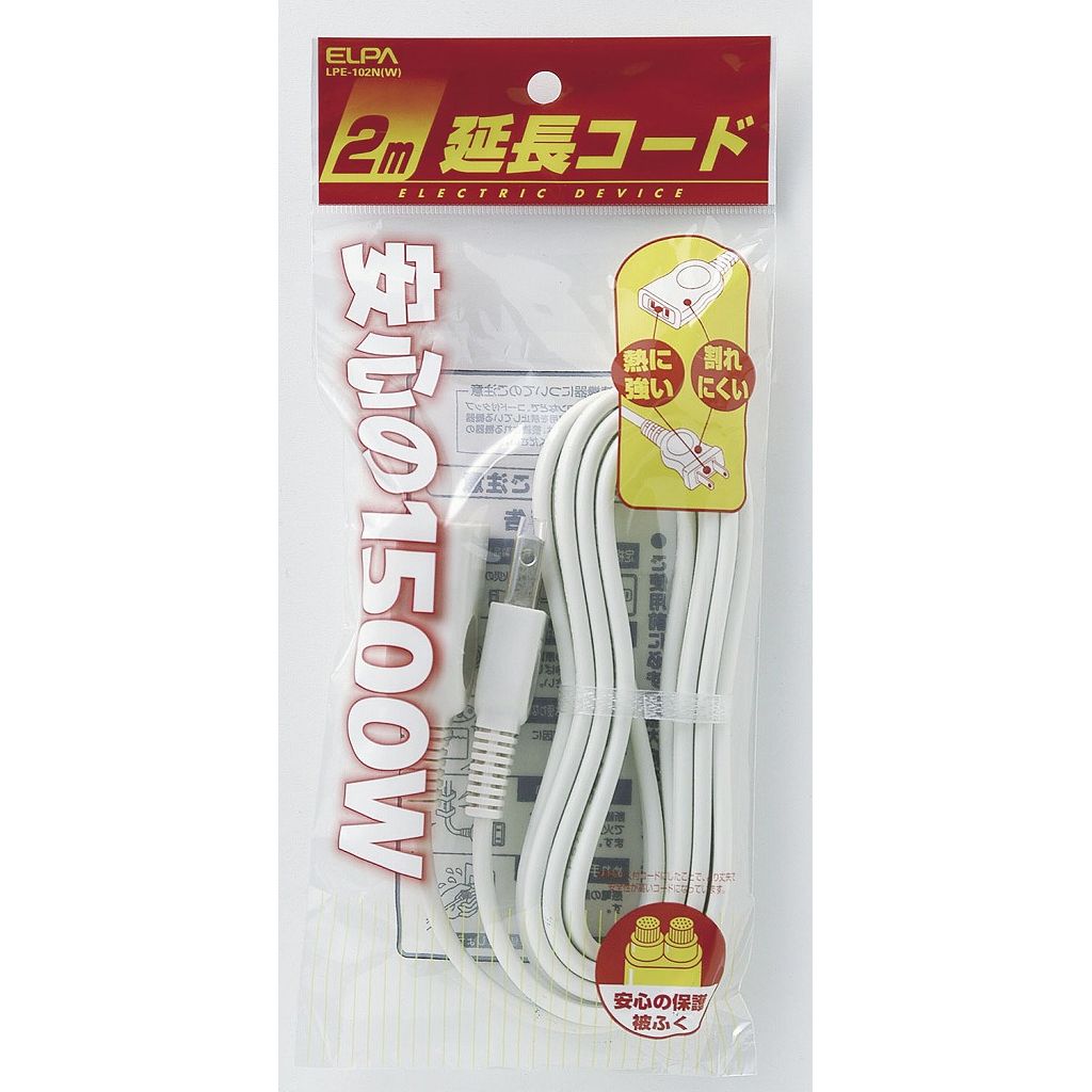 ●熱に強い●割れにくい■定格　AC125V　15A■最大定格電力：1500Wまで■コード長：2m■カラー：ホワイト