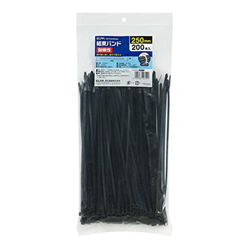 ●全長:250mm■幅:4.8mm■最大結束内径:60mm■引張強度:22.2kg■使用温度範囲:-40℃~+85℃■材質:66ナイロン(紫外線遮蔽剤入)■200本入■カラー:ブラックELPA 結束耐候 250mm 朝日電器 【品番】KBF...