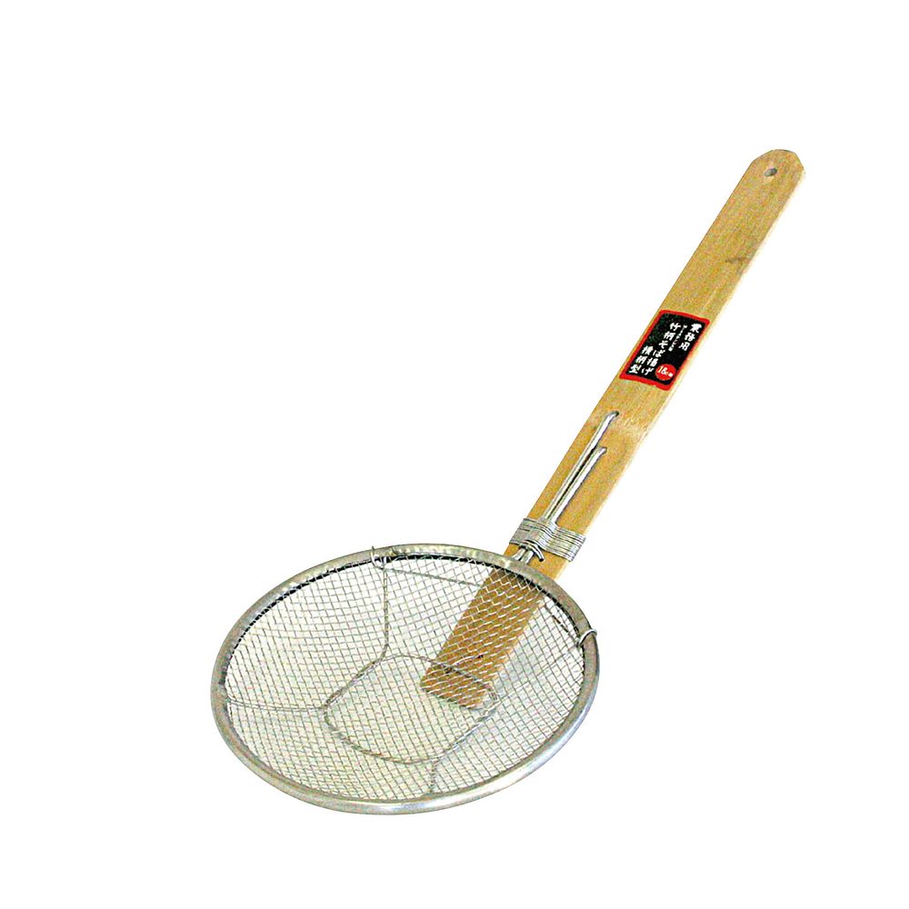 ラーメン屋定番規格:横型 18cm外径×柄長:φ180×295mm材質:網:18-8ステンレス　柄:竹生産地:中国※画像は代表画像ですので、画像のサイズ感と実際のお届け商品のサイズ感は異なる場合があります。商品名および仕様に記載のサイズ・カ...