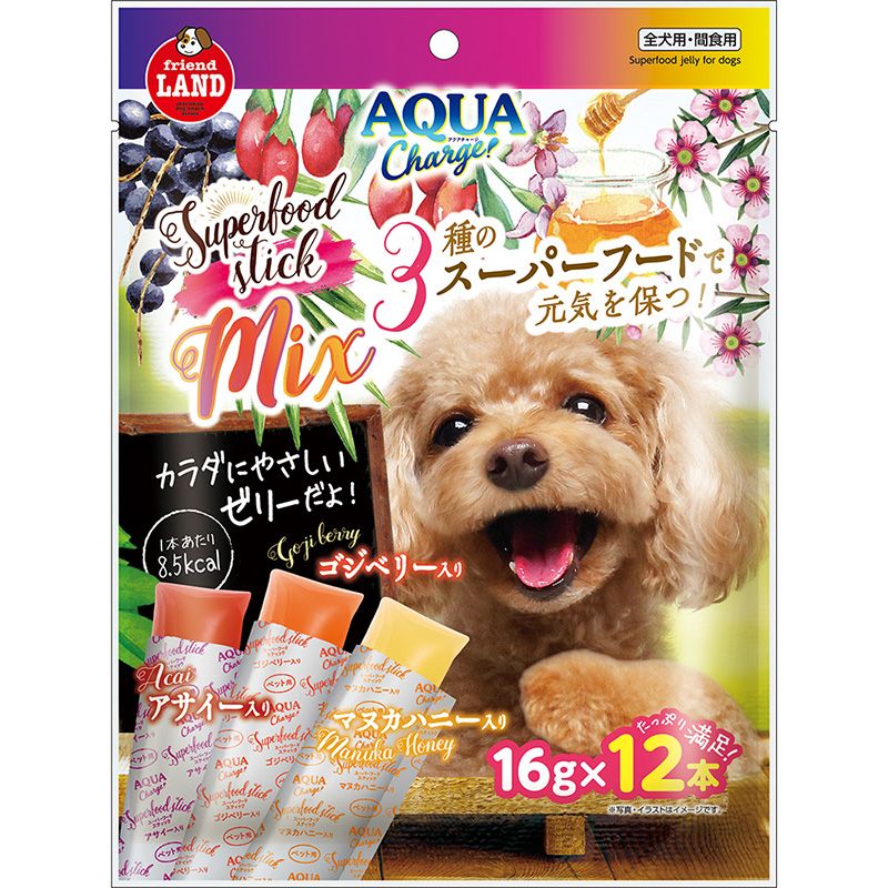 水分補給を目的とした犬用スティックタイプのゼリーアサイー、ゴジベリ‐、マヌカハニーで凍らせてシャリッ！そのままぷるるん！と楽しめる、夏にぴったりのスティックゼリーです。【原材料(成分)】砂糖、コンスターチ、果実類(アサイーパウダー、ゴジベリ...