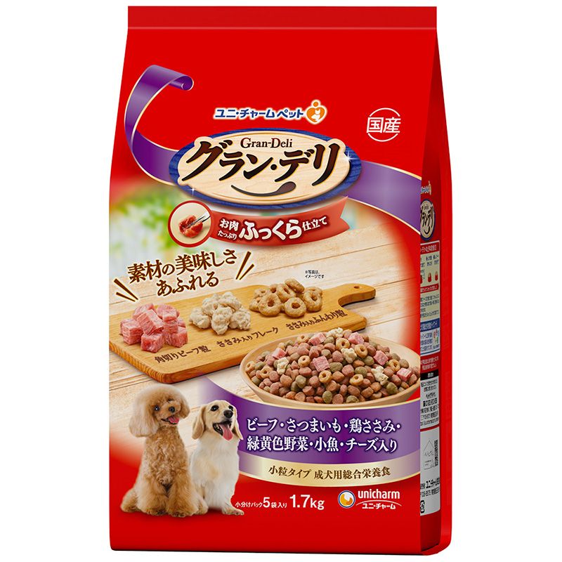 素材のおいしさあふれる！・美味しいふっくら仕立てのグルメフード・角切りビーフ粒、ささみ入りふんわり粒、ささみ入り大豆フレーク入り・栄養素をバランス良く摂取できる総合栄養食・健康維持に必要なオメガ6＆3脂肪酸をバランス良く調整【原材料】穀類(...