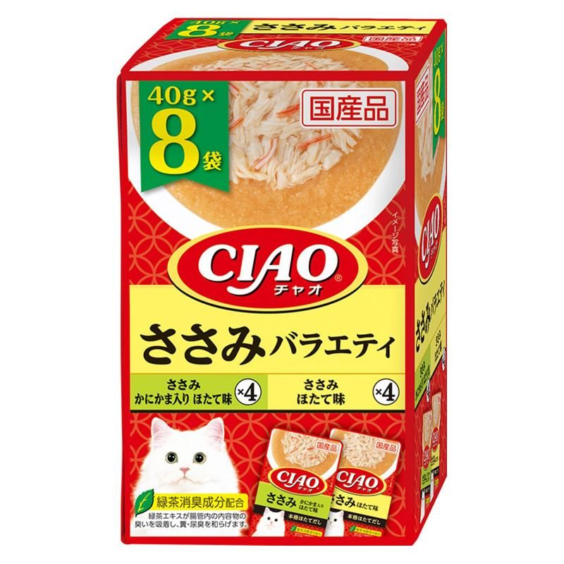 多頭飼いの家庭でも安心のファミリーパック・2種類の味が楽しめるバラエティパックです。・ささみのペーストに猫ちゃんの好きな素材をトッピングしました。・40g×2種×4袋の多頭飼いの家庭でも安心のファミリーパックです。・緑茶消臭成分配合(緑茶エ...