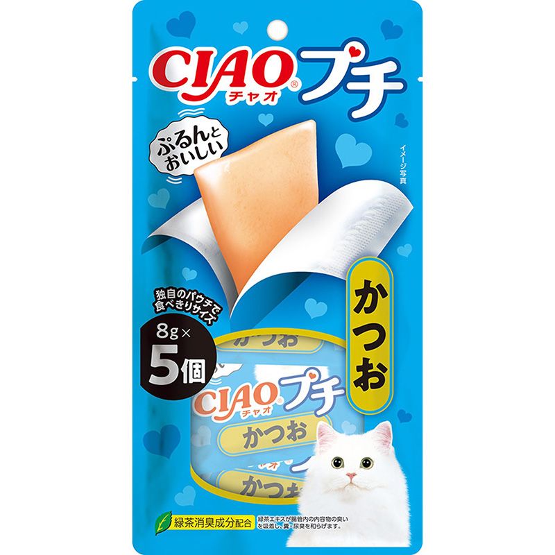 ぷるんとおいしい！・ぷるんとおいしい、食べきりサイズの小袋おやつです。・かつおゼリーでコーティング。おいしいかつお節エキス入り。・緑茶消臭成分配合で、腸管内の内容物の臭いを吸着し、糞尿臭を和らげます。【原材料】かつお、かつお節エキス、寒天、...