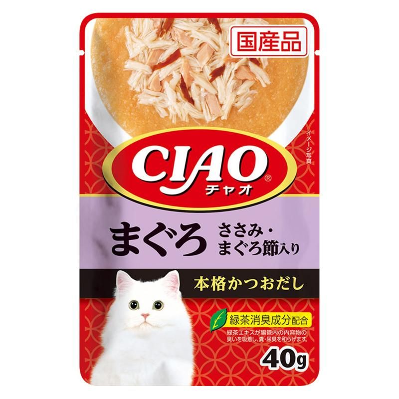 変わらない美味しさと安心品質・ささみペーストにまぐろ・ささみのフレークとまぐろ節を加え、風味豊かな焼津産かつおだしで仕上げました。・いつもの食事やおやつにも便利な使い切りサイズ。・緑茶エキスが腸管内の内容物の臭いを吸着し、糞・尿臭を和らげま...