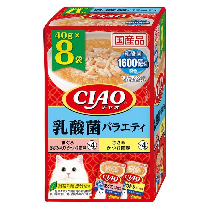 変わらない美味しさと安心品質・2種類の味が楽しめるバラエティパックです。・乳酸菌200億個配合で猫ちゃんの健康を維持し、お腹の調子を保ちます。・40g×2種×4袋の多頭飼いの家庭でも安心のファミリーパックです。・緑茶消臭成分配合(緑茶エキス...