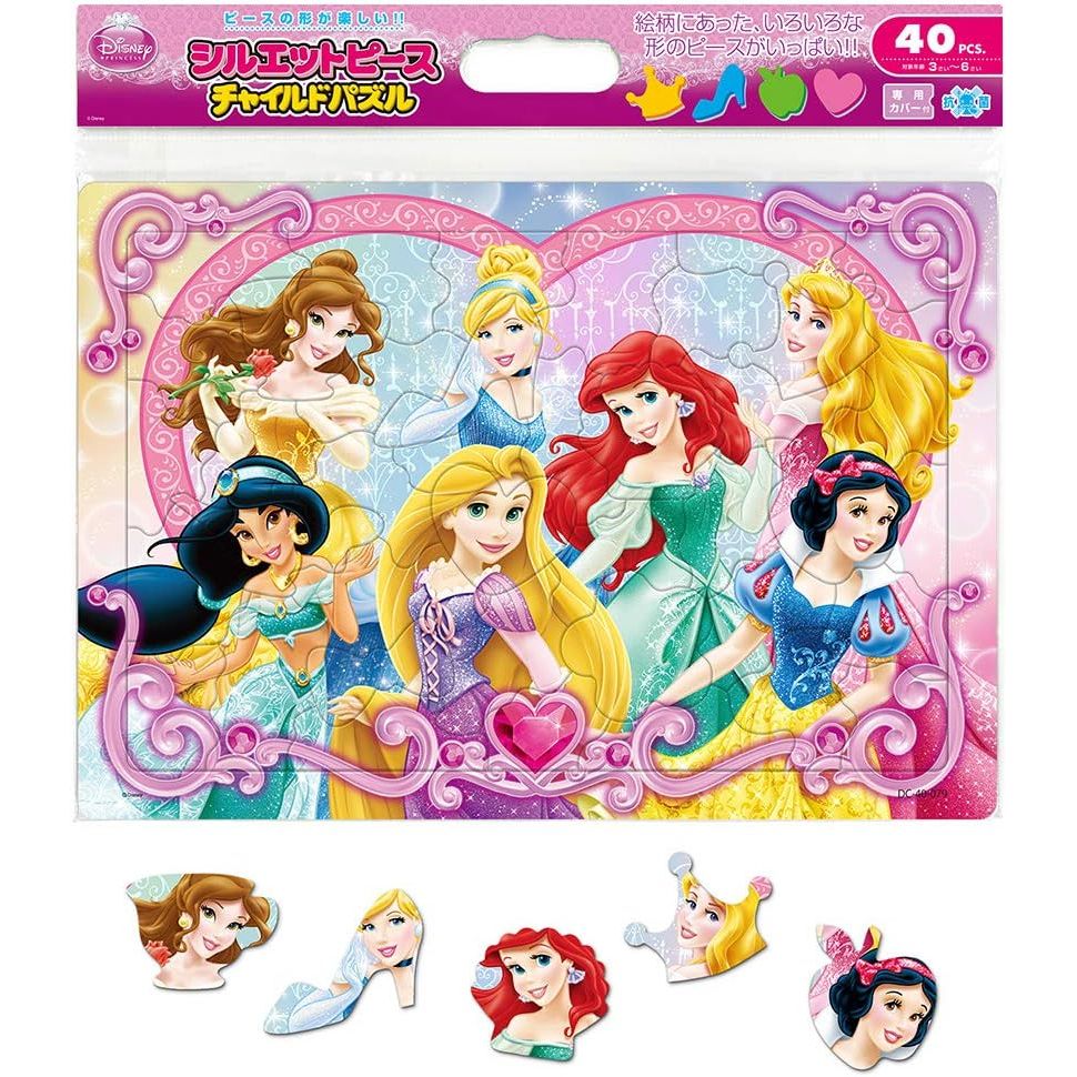 ピースの形が楽しい,シルエットピースパズル。ティアラやガラスのくつなどディズニープリンセスの物語に登場するピース入り。【ピース数】40Pパズル完成サイズ:26×37.5(cm)対象年齢：3歳以上(C)Disney