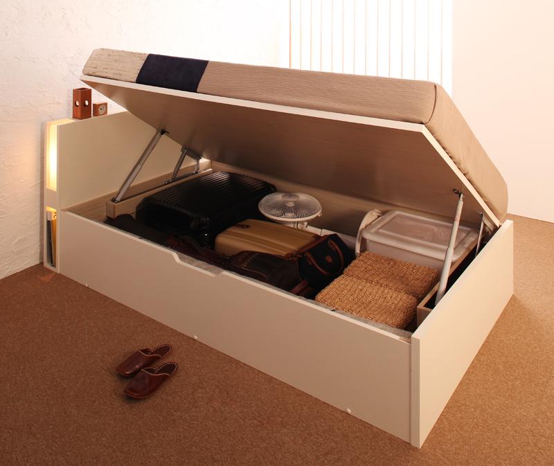 開閉タイプが選べる ガス圧式 跳ね上げ収納ベッド 【夕月】ユフヅキ 【薄型プレミアムポケットコイルマットレス付き】 横開き セミシングル 深さレギュラー 【フレーム色】ナチュラルベッドフレーム【サイズ】セミシングル・レギュラー・横:幅82×...