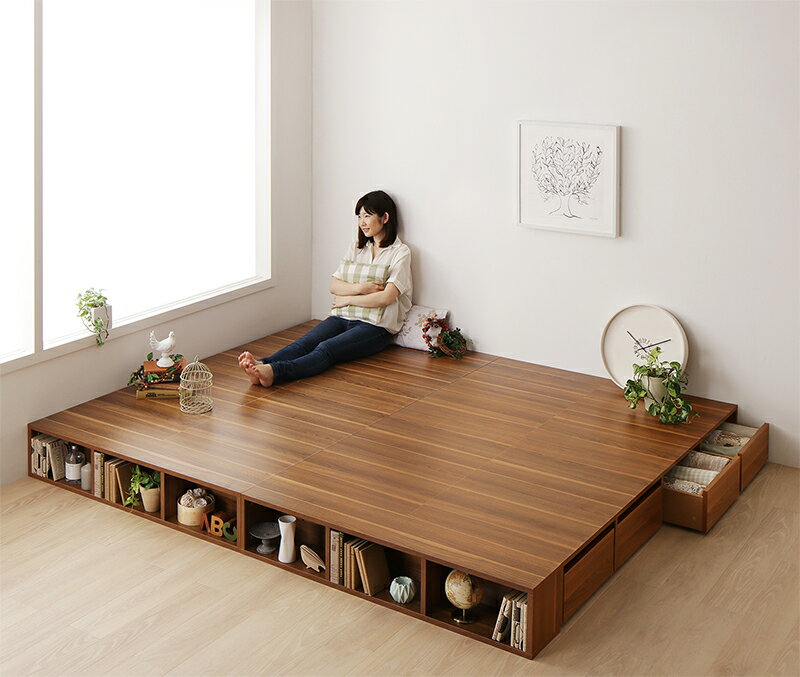 【組立設置料込み】シェルフ棚・引出収納付きベッドとしても使えるフローリング調デザイン小上がり 【ひだまり】 ワイドK200(S×2) オークホワイトベッド本体【サイズ】シングル：（約）幅99cm×奥行き200cm×高さ23cmセミダブル：（...