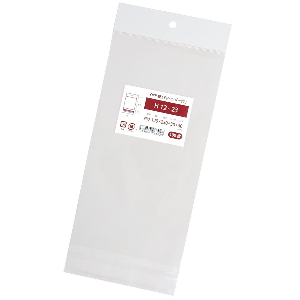 材質：OPP　サイズ：厚さ0.03mmx幅120mmx長さ230mm+ヘッダー部分30mm+テープ部分30mm、吊り下げ用穴直径8mm、 入数：100枚入x1袋または1000枚（100枚入袋x10セット） 白ヘッダー・テープ付（帯電防止済）...