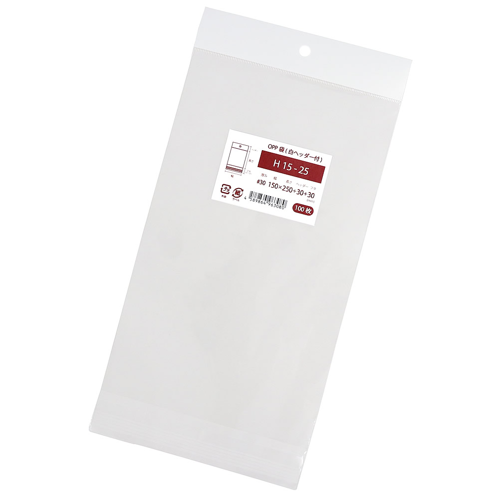 材質：OPP　サイズ：厚さ0.03mmx幅150mmx長さ250mm+ヘッダー部分30mm+テープ部分30mm、吊り下げ用穴直径8mm、 入数：100枚入x1袋または1000枚（100枚入袋x10セット） 白ヘッダー・テープ付（帯電防止済）...