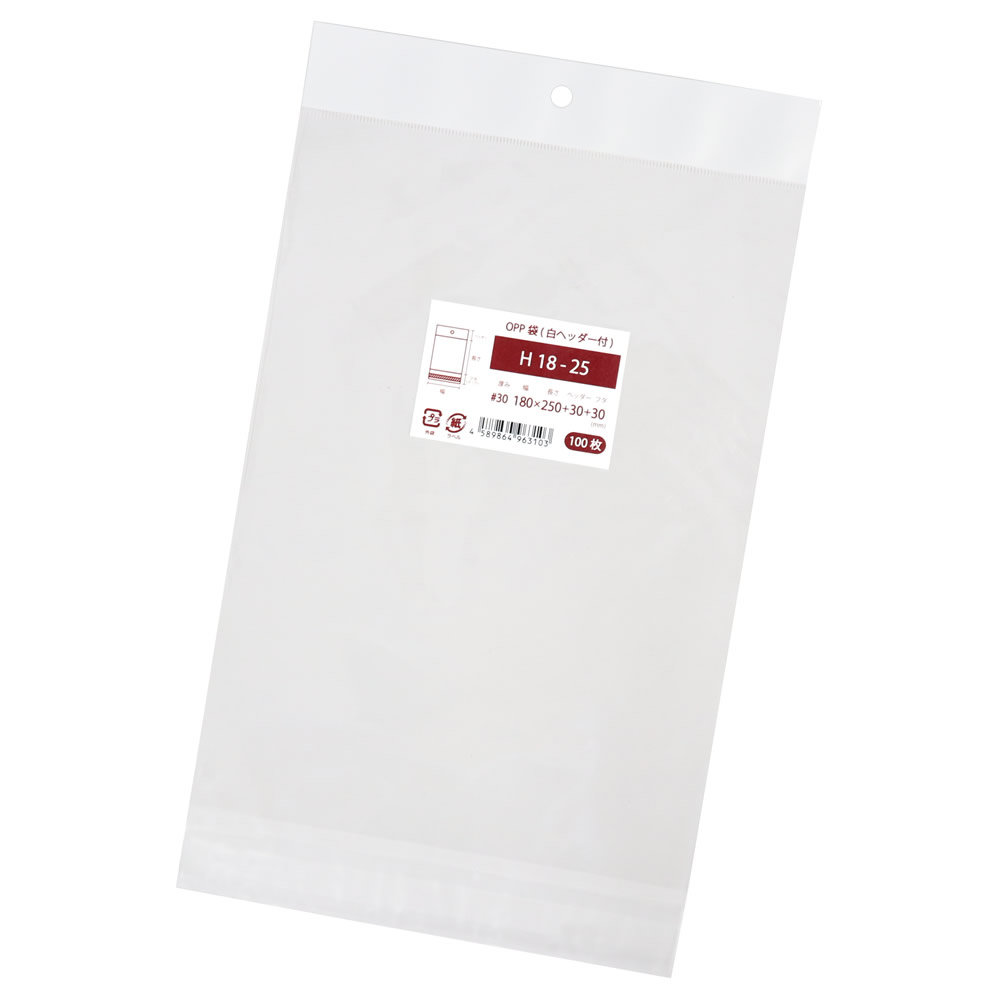 材質：OPP　サイズ：厚さ0.03mmx幅180mmx長さ250mm+ヘッダー部分30mm+テープ部分30mm、吊り下げ用穴直径8mm、 入数：100枚入x1袋または1000枚（100枚入袋x10セット） 白ヘッダー・テープ付（帯電防止済）...