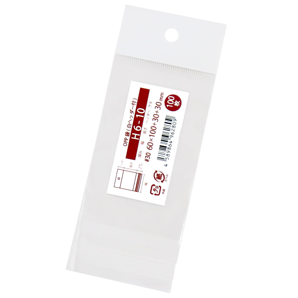 材質：OPP　サイズ：厚さ0.03mmx幅60mmx長さ100mm+ヘッダー部分30mm+テープ部分30mm、吊り下げ用穴直径8mm、 入数：100枚入x1袋または1000枚（100枚入袋x10セット） 白ヘッダー・テープ付（帯電防止済）・...