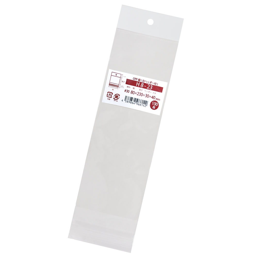 材質：OPP　サイズ：厚さ0.03mmx幅80mmx長さ230mm+ヘッダー部分30mm+テープ部分40mm、吊り下げ用穴直径8mm、 入数：100枚入x1袋または1000枚（100枚入袋x10セット） 白ヘッダー・テープ付（帯電防止済）・...