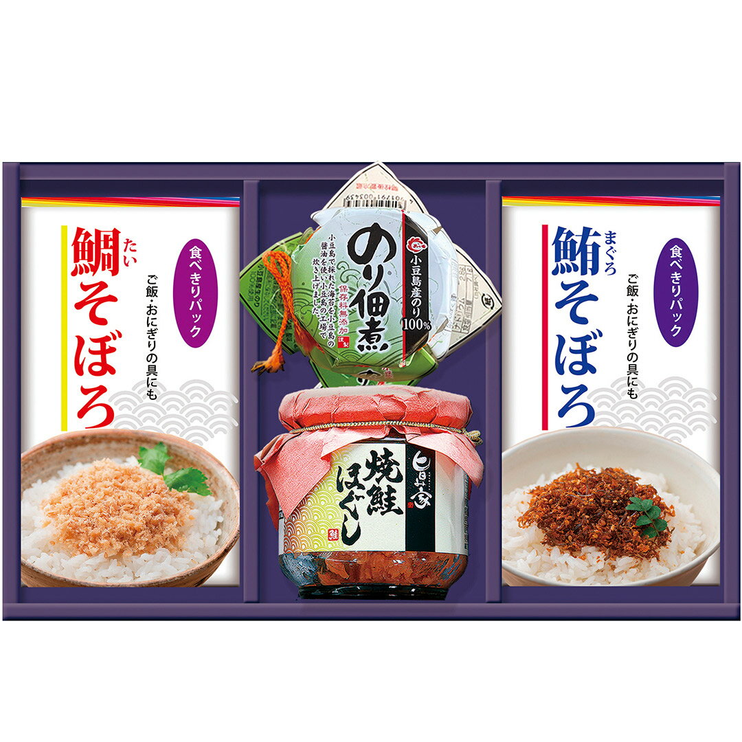 商品詳細 商品内容焼鮭ほぐし60g・のり佃煮80g・（鯛そぼろ・鮪そぼろ）7g×各2袋 【小麦・えび・かに】商品サイズ：箱150×224×80mm重量：約660g材質：賞味期限（製造日より）：360日※当店では、特別にご指示（備考欄等）がな...