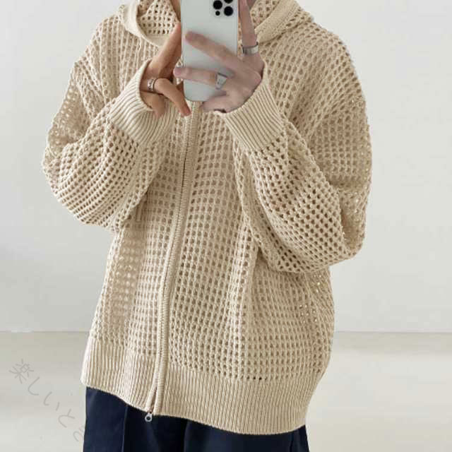 【M〜3XL】【ニットパーカー】【男女兼用】トレンド感溢れるメッシュ編みパーカー。大人のこなれ感も譲らない、ゆとりあるシルエット。程よい穴あきの透け感で、レイヤードスタイルを格上げ。シンプルで洗練されたデザインが魅力的です。男女問わずお使い...