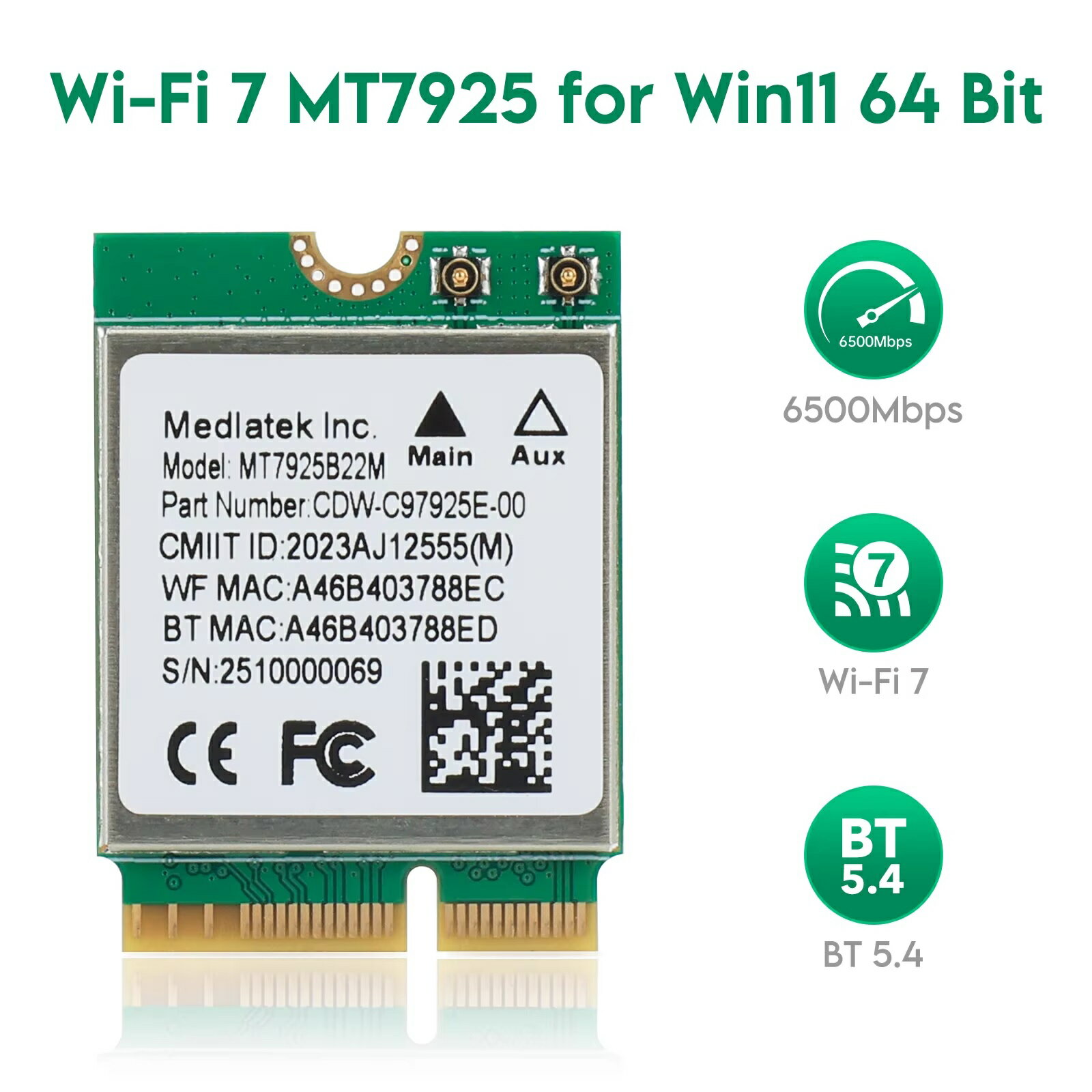 ・商品内容 ・WiFi最新規格 WiFi7 に対応した MediaTek WiFi カード MT7925 の販売です。 ・IEEE 802.11 a/b/g/n/ac/ax/be Wi-Fi 7 トライバンド 2.4 GHz / 5 GHz...