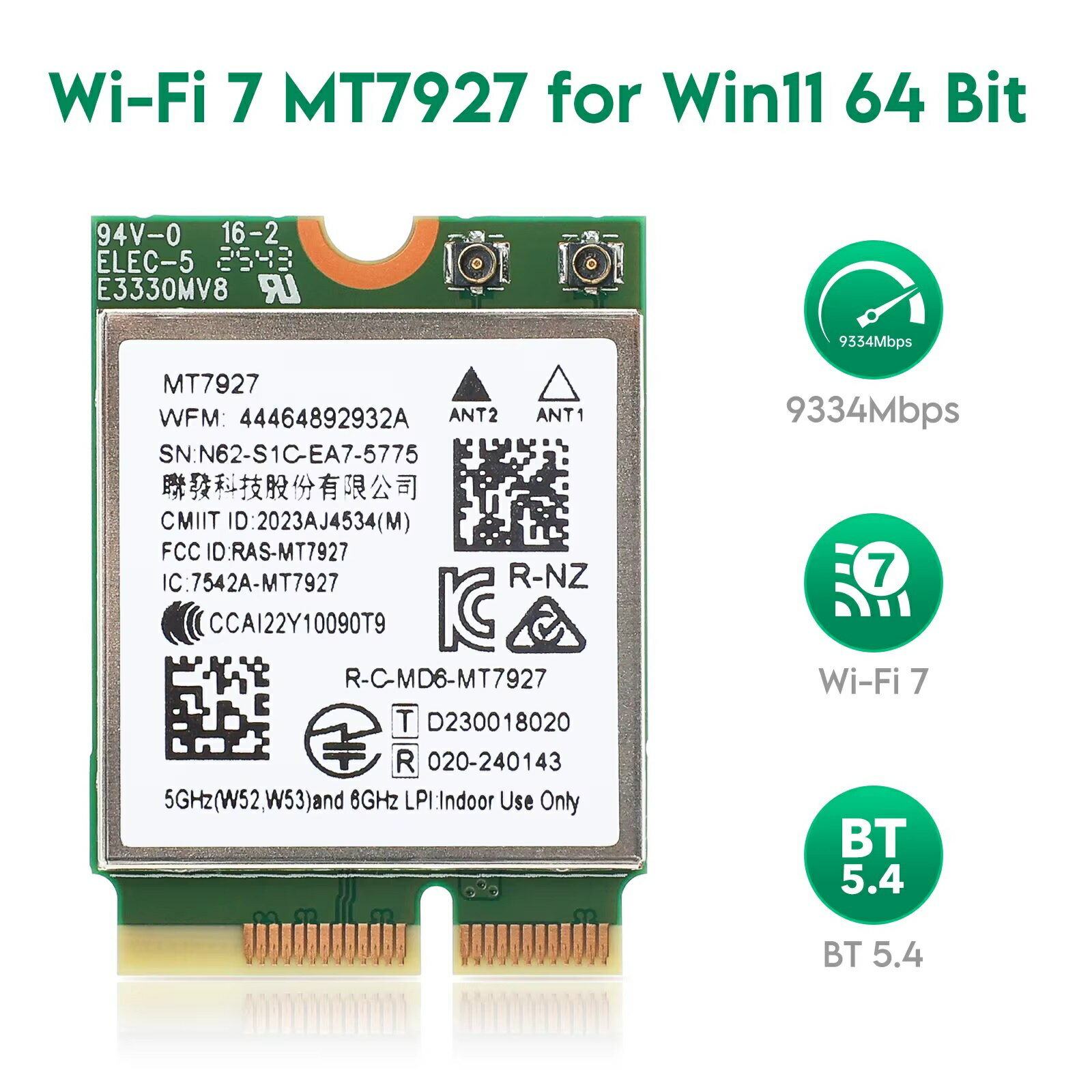 ・商品内容 ・WiFi最新規格 WiFi7 に対応した MediaTek WiFi カード MT7927 の販売です。 ・IEEE 802.11 a/b/g/n/ac/ax/be Wi-Fi 7 トライバンド 2.4 GHz / 5 GHz...
