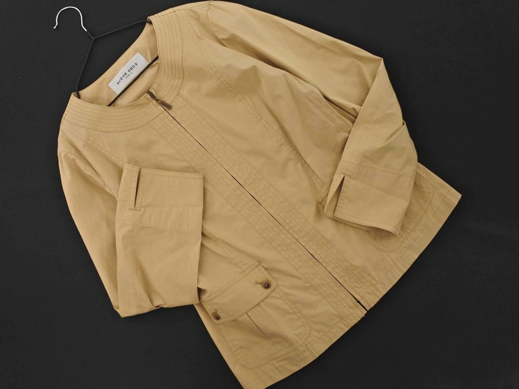 SCENE DEUX セーヌドゥー ノーカラー ジャケット size9/ベージュ ■◇ ☆ geb2 レディース 商品に目立つヨゴレなど無く、USEDとして良い状態です。 表記サイズ：9 実寸サイズ： 肩幅37cm身幅（脇下）42cm後ろ着...
