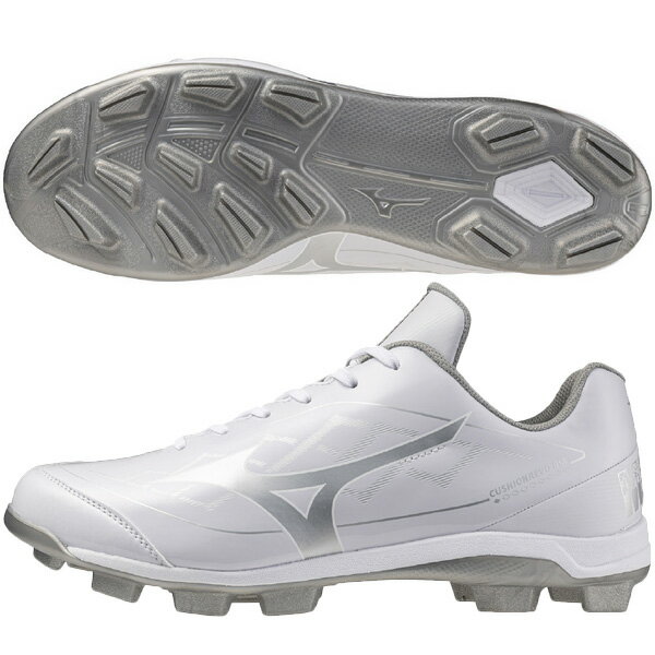 クッションレボダイア【カラー】01：ホワイト×シルバー【素材】アッパー：人工皮革/合成繊維アウトソール：合成底/スパイク / 合成樹脂 (固定式)【質量】約290g(27.0cm片方)【足幅】3E相当