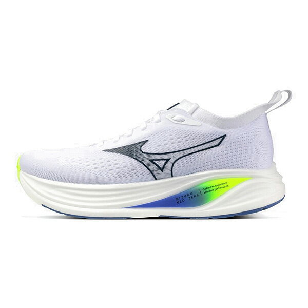ランニングシューズメーカー：ミズノ mizunoカラー：ホワイト×ブルー×イエローアッパー：合成繊維アウトソール：合成底ミズノ ネオ ゼン2足も、気分も、弾んでいく。弾むような走行感でランニングを楽しみたい方や、軽さを重視しテンポよく走りた...