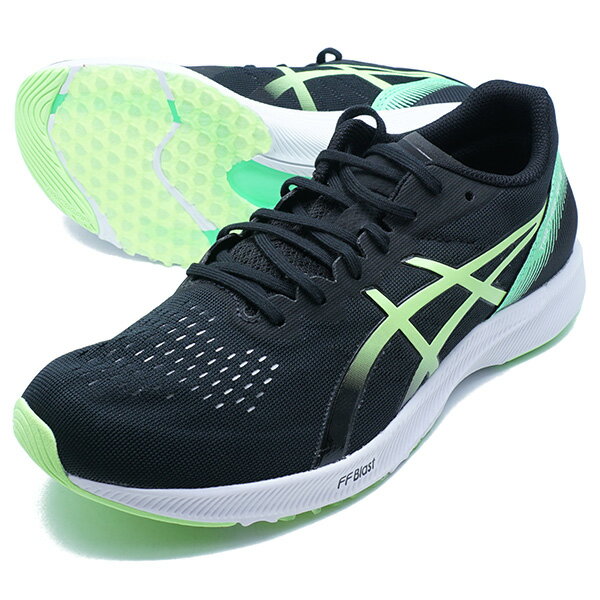 ランニングシューズメーカー：アシックス asicsカラー：Black/Illuminate Greenアッパー：合成繊維・合成樹脂アウトソール：合成底（ウレタン）・ゴム底自分の足で蹴る感覚を研ぎ澄ませたレーシングシューズ。スピードトレーニン...