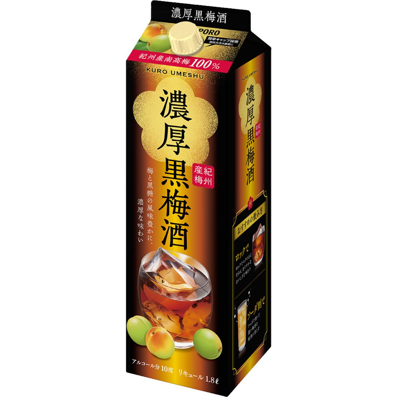 産地：日本容量：1800ml度数：10度タイプ：商品説明：●コク深く濃厚な味わい●梅エキスと黒糖入りの梅酒●1．8L1本あたり梅エキス140mg入り●深みのある琥珀色の液色●紀州産南高梅100％使用●中栓一体型簡単キャップ採用