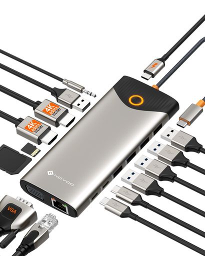 🌟15-in-1 USB C ドッキングステーション: NOVOO USB C HDMI ハブは、デュアル4K HDMIポート、USB-C 3.0データポート(最大5Gbps)、USB C PD100W充電ポート、USB-A...