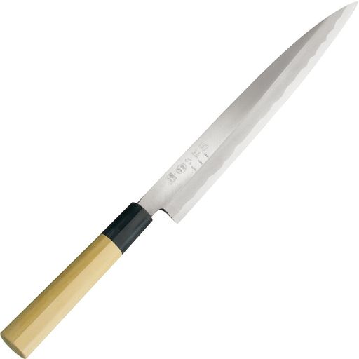 伝統の鍛造製法による本格ハガネ和包丁 ハガネ複合材:ハガネに軟鉄を合わせて叩き上げた、 強靭な刃身。ハガネの特性の切れ味と研ぎやすさを実現。 水牛製の口金:堅牢で耐久性と耐水性に優れた素材。 水を吸うを締まる性質を持っているため刀身が抜けに...