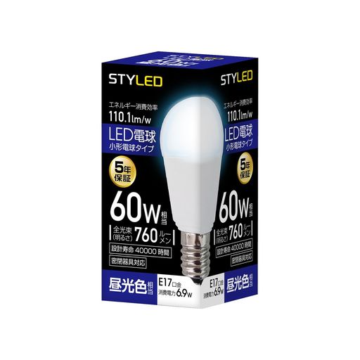 全光束:760lm(小形電球60W相当)/消費電力:6.9W/消費効率110.1lm/W 光色:昼光色(6500K) 設計寿命:40000時間(設計寿命は保証値ではありません) 本体サイズ:直径35x高さ71ミリ 配光角:230度/保証期間:5年