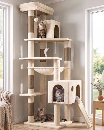 クライミング キャットタワー大型猫2~4匹用:この大型猫タワーには、大型キャットハウス2つ、大型ハンモック、そしてパッド入りのクッション付きの展望台付属しています。2~4匹の成猫が遊んだり休んだりするのに十分な広さです。 大型ハンモック:こ...