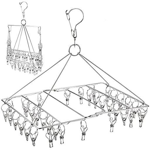 【ステンレス耐久性】この折りたたみ式ハンガーは完全にソリッドステンレス製で、満載荷重能力が強く、濡れた服を掛けるときに変形や破断しない 【折りたたみ可能で省スペース】36個のクリップを収納し、家庭で使用できます。折りたたみ時は2インチ未満で...