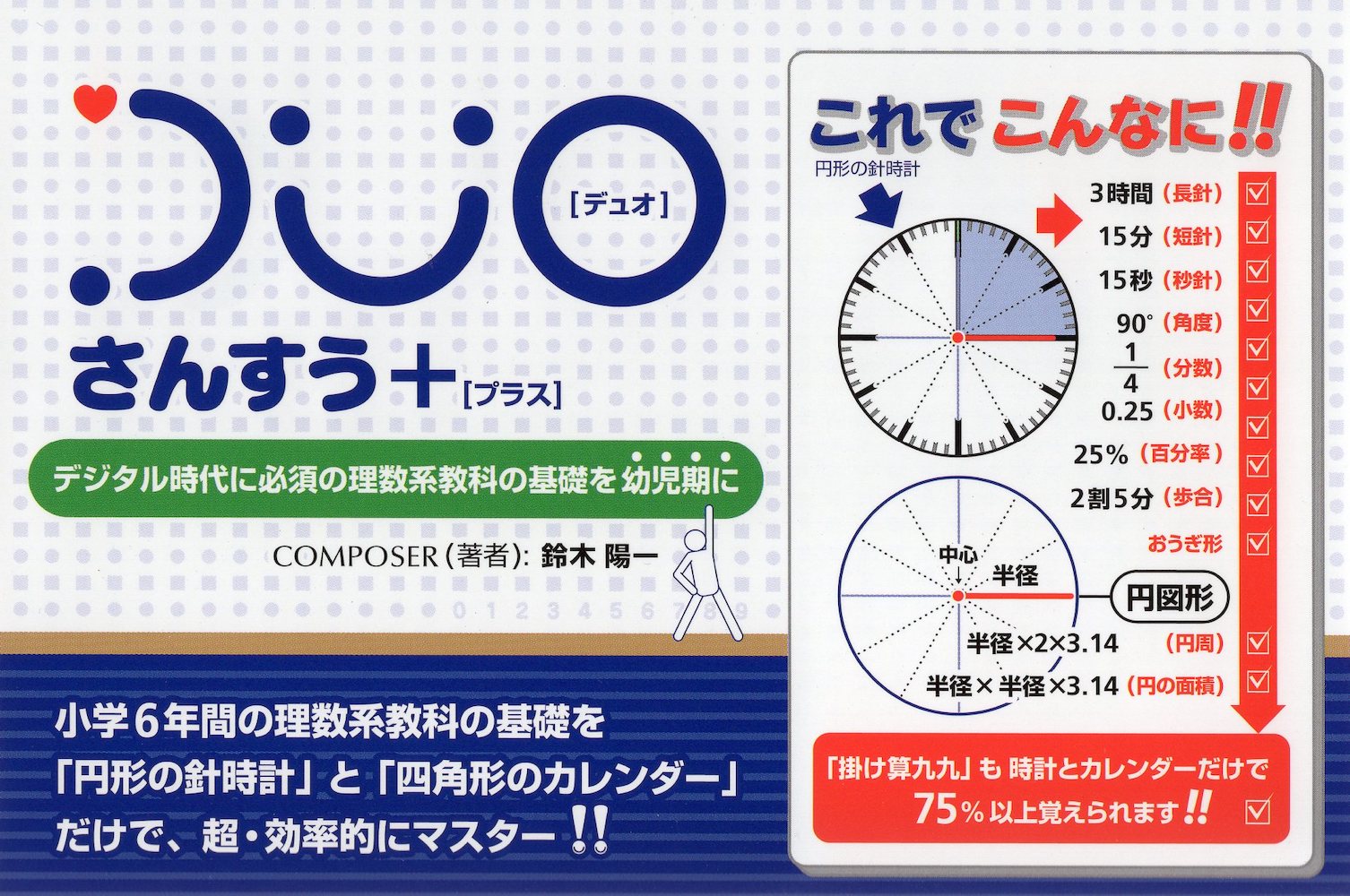 DUO［デュオ］ さんすう+［プラス］ISBN10：4-900790-14-1ISBN13：978-4-900790-14-8著作：鈴木陽一 著出版社：ICP発行日：2022年12月5日仕様：B6変型判対象：小学向小学6年間の理数系教科の基...