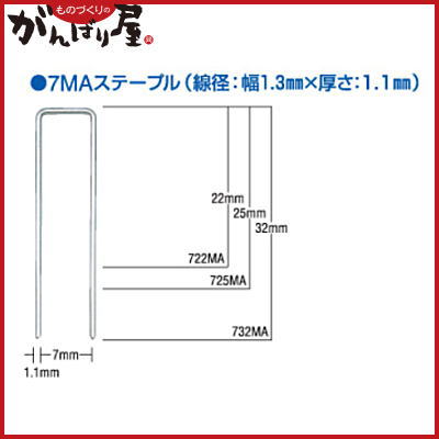 【線材】幅1.3×厚さ1.1mm【内幅】7mm、外幅：9.2mm【脚長】22mm【材質】鉄【関連キーワード：ものづくりのがんばり屋楽天市場店　工事用品　土木作業・大工用品　釘打機　ステープル】