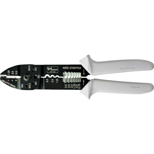 【特長】●これ1本で電気配線に必要な5つの機能（ワイヤーカッター、絶縁端子圧着、ボルト・ネジの切断、裸圧着端子圧着、ワイヤーストリッパー）を装備しています。●手に優しいエラストマーグリップを採用しています。【用途】●自動車や電子機器などの配...