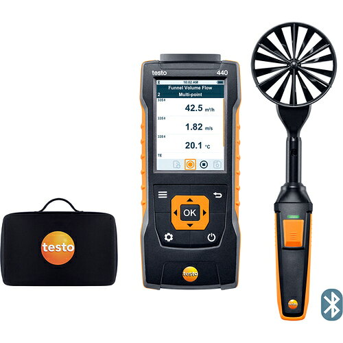 【特長】●testo440本体と熱線式風速プローブのセットで、風速、温度を測定し、風量を演算します。●風速プローブはスタンダードな固定ケーブルタイプで、微〜低風速域で高精度の測定結果を表示します。●最長0.85mまで伸ばせるロッドにはスケー...