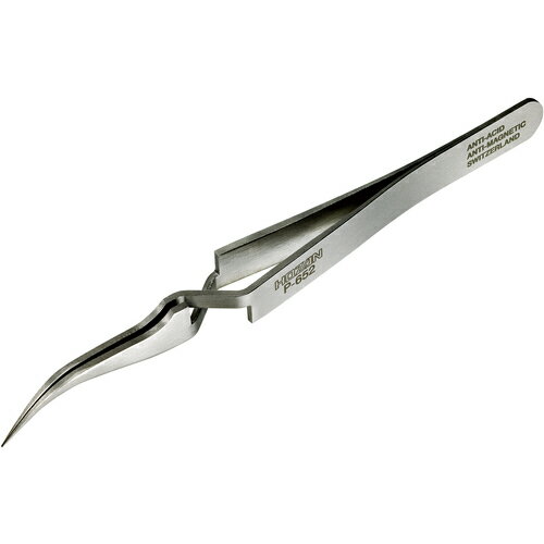 【特長】●先端精度にこだわった逆作用ピンセットです。●本体を握ると先端が開き、離すと閉じます。【用途】●磁気を嫌う精密機器の作業に。【仕様】●全長(mm)：115●幅(mm)：9.5●先端形状：先曲型●先端幅(mm)：0.2【材質／仕上】●...